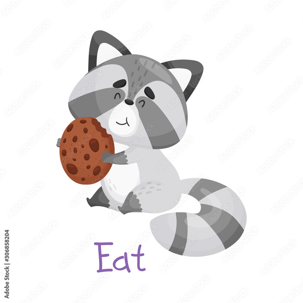 Cute Little Raccoon Eating Cookie With Handwritten Inscription Eat ...