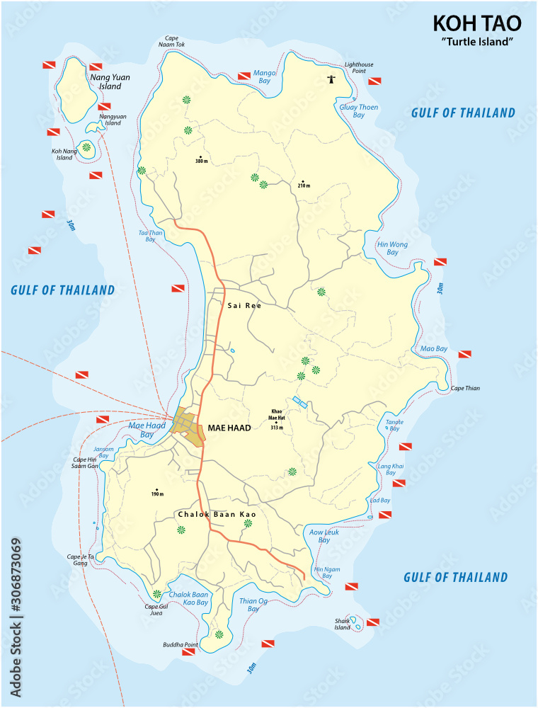 Diving map of the Thai island Koh Tao in the Gulf of Thailand Stock ...
