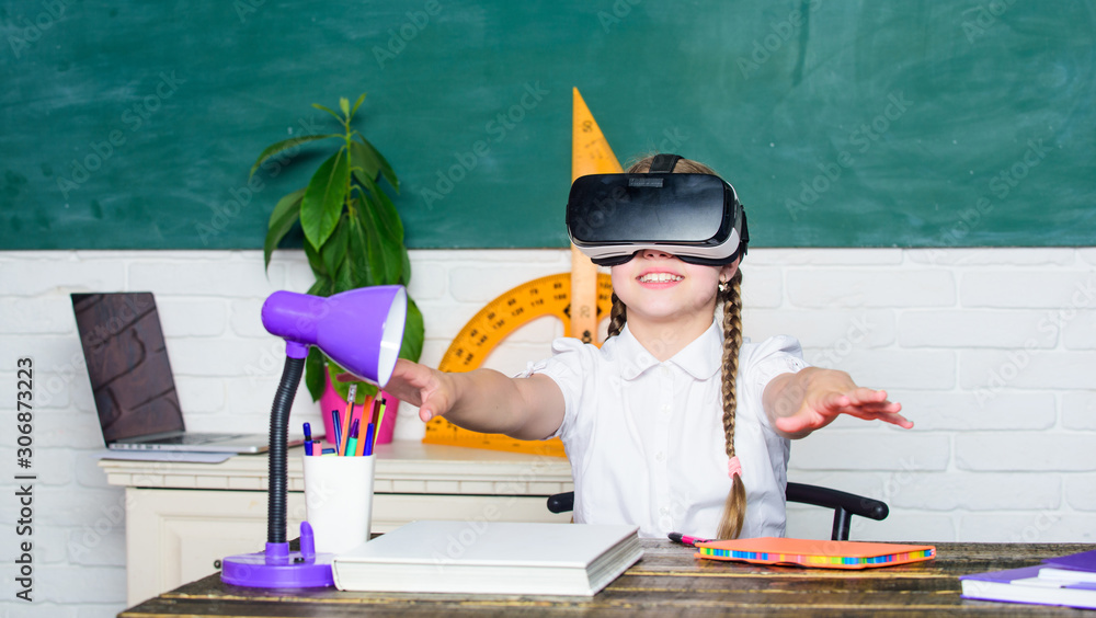 Girl kid study in virtual school. Virtual education. Child cute pupil ...