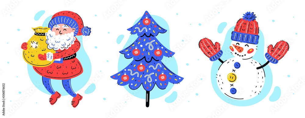 Santa Claus with christmas tree and snowman vector hand drawn clipart ...