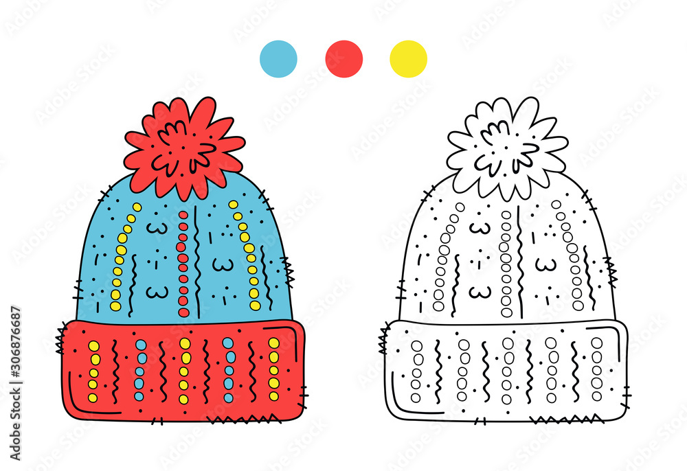 Coloring page outline of cartoon cute woolen knitted hat. Monochrome ...