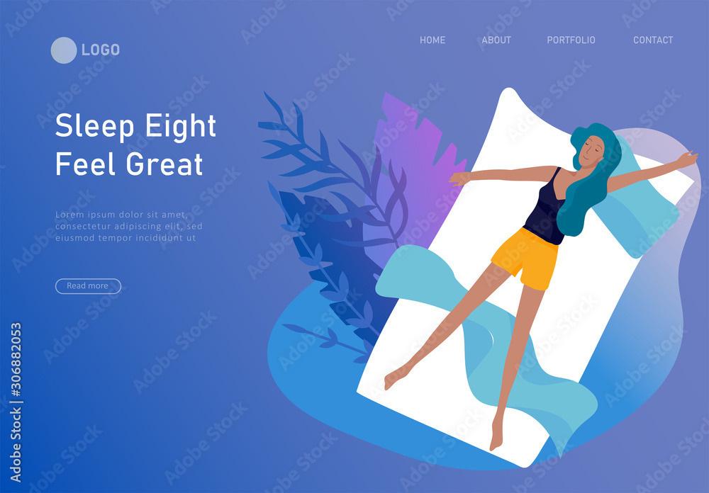 Sleeping character girl landing page template. The woman sleeps in bed ...