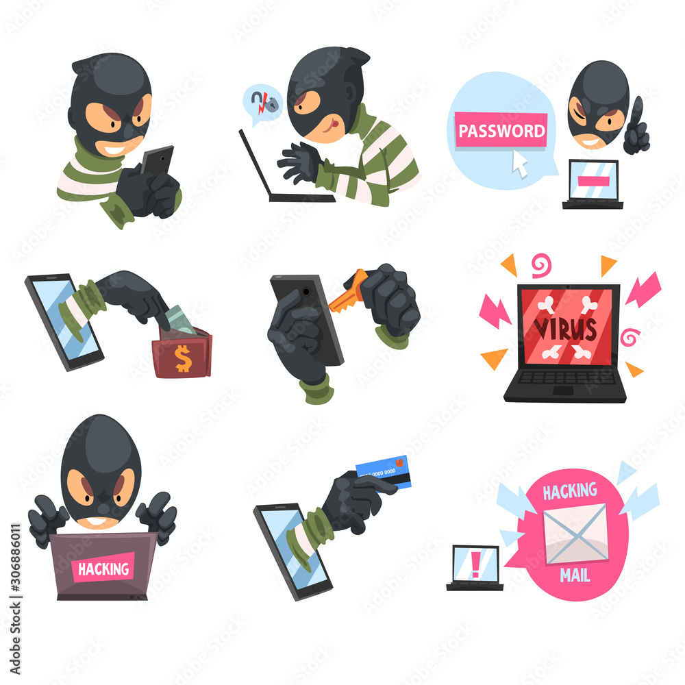 Cartoon hackers at work. Set of vector illustrations. Stock Vector ...
