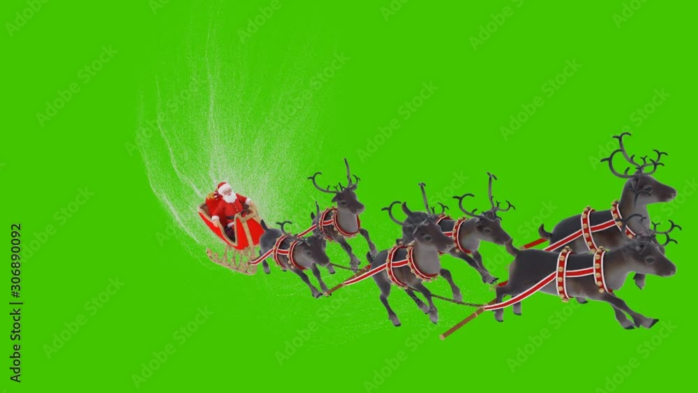 Santa Claus on a sleigh with Christmas reindeer. Animation in front of ...