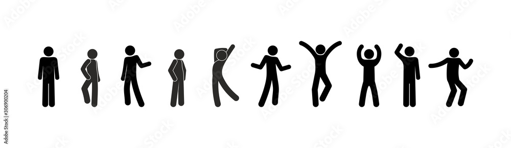 man stands, various poses, stick figure man icons, human silhouette ...