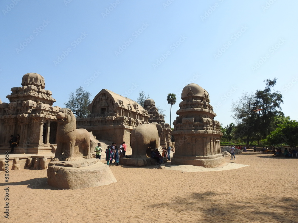 ancient Hindu monolithic Indian sculptures rock-cut architecture Pancha Rathas - Five Rathas ...