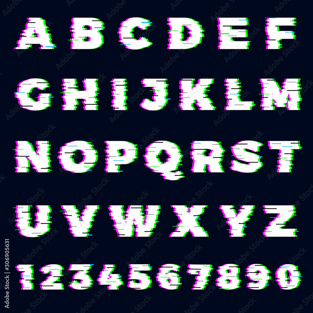 Glitch font. Destroyer alphabet letters dynamic screen effect gaming ...