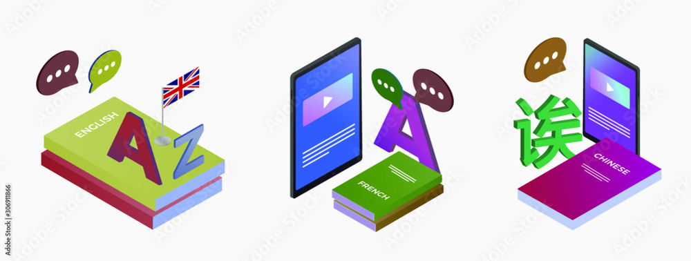 Learning foreign language illustration set concept. Textbooks in ...