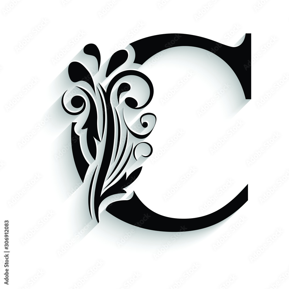 letter C. Black flower alphabet. Beautiful capital letters with shadow ...
