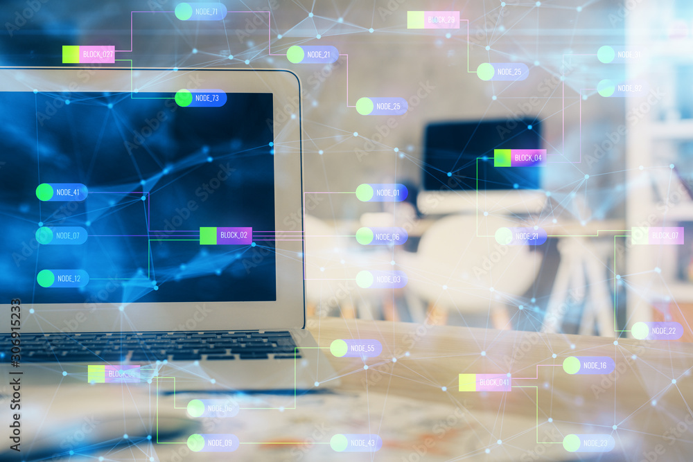 Technology theme drawing and table with computer. Multi exposure ...