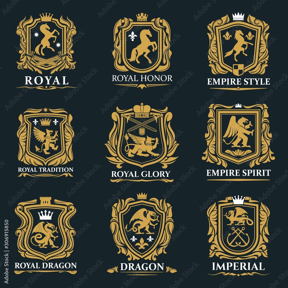 Heraldic animals, royal heraldry shields with Pegasus horse, Griffin ...