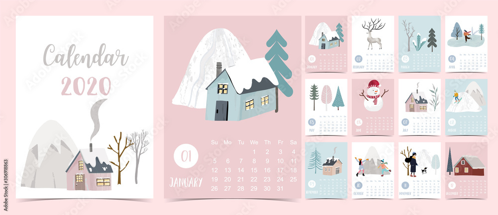 Doodle winter calendar 2020 set with house,tree,mountain for children ...