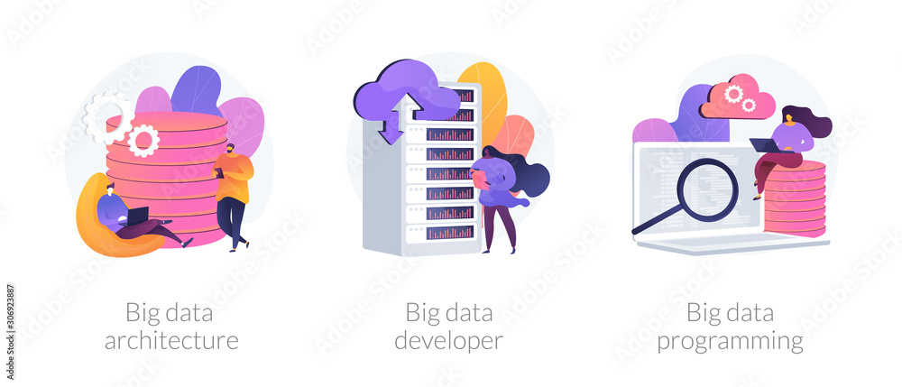 Large amount of information processing technology icons set. Big data ...
