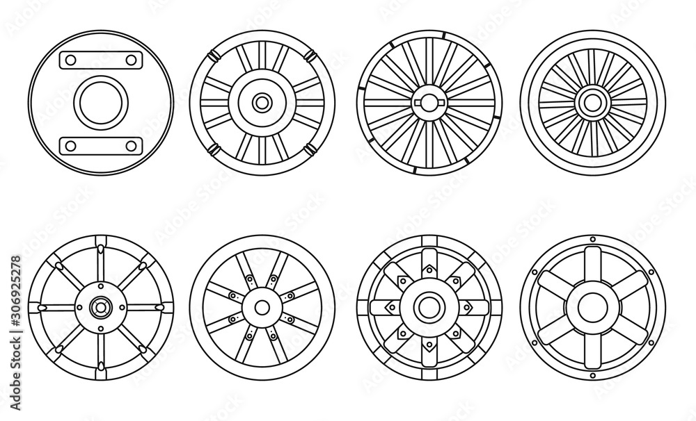 Wooden wheel vector line set icon.Vector illustration cart of wheel ...