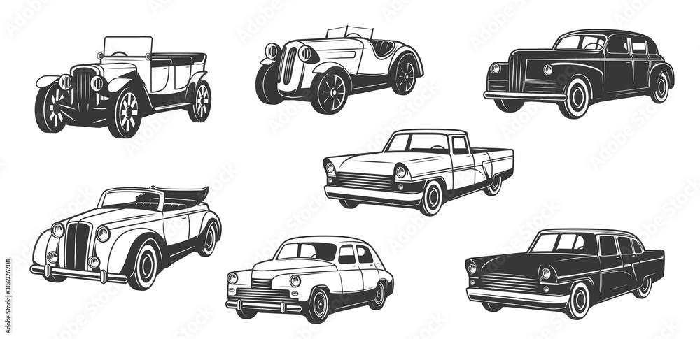 Vintage retro cars isolated black monochrome icons. Vector classic and ...