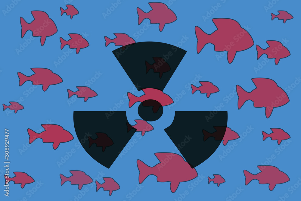 radioactive symbol with fishes on blue background Stock Illustration ...