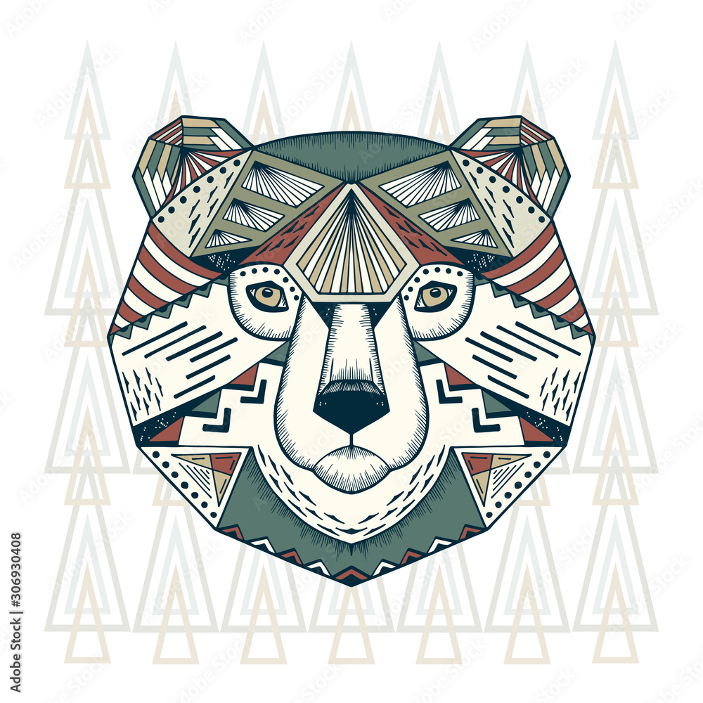 Ethnic animal. Tribal patterned Bear. Bear head. Hand drawn Vector ...