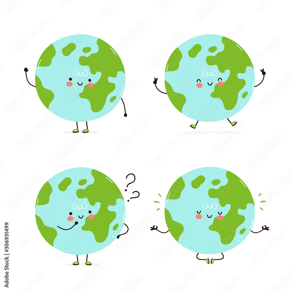 Cute happy Earth planet character set Stock Vector | Adobe Stock