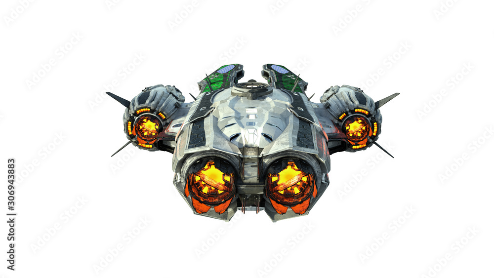 Alien UFO spaceship, spacecraft in flight isolated on white background ...