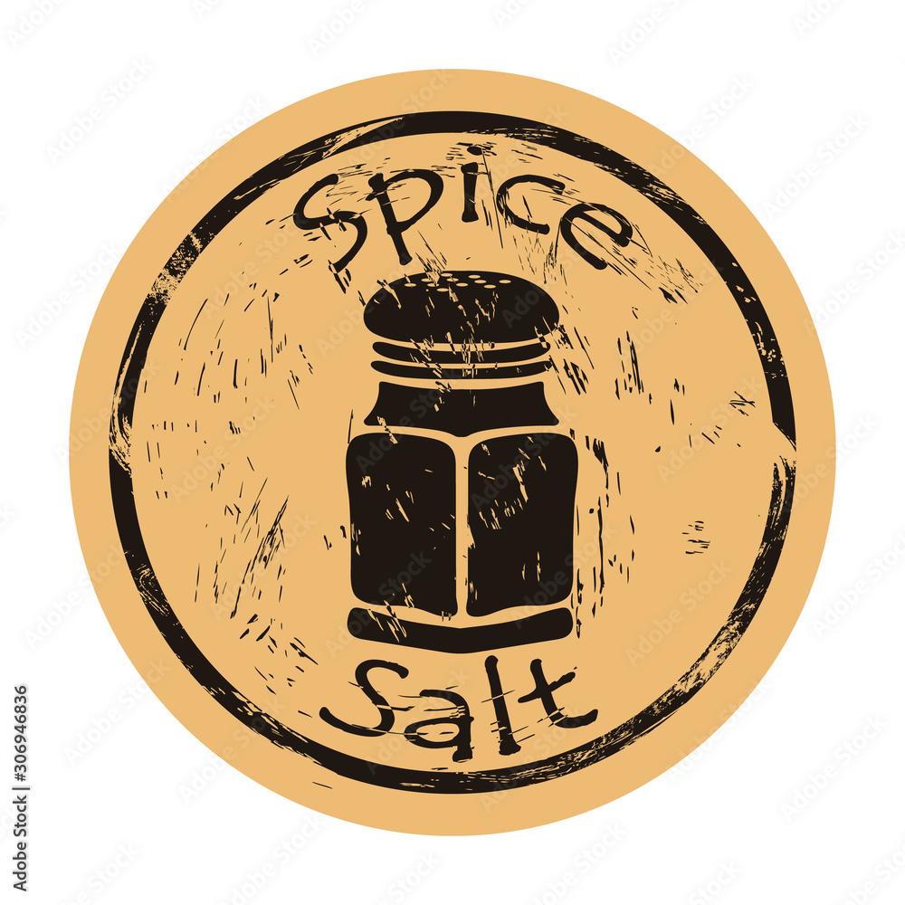 Salt-cellar with salt spice icon vector round shabby emblem design, old ...