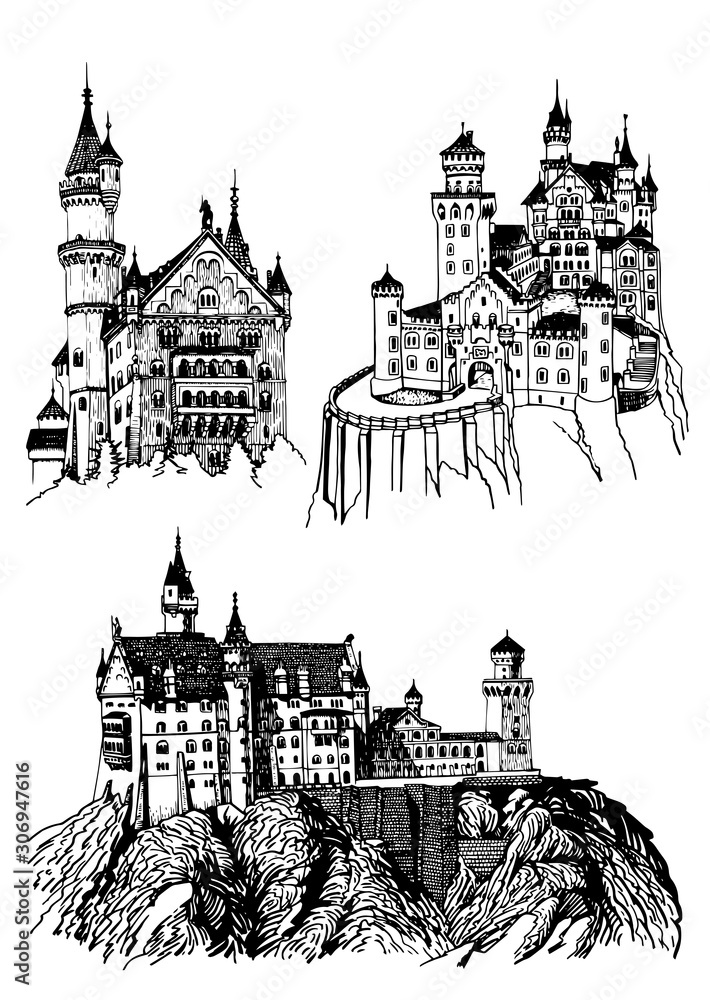 Graphical set of castles isolated on white background, Germany medieval ...