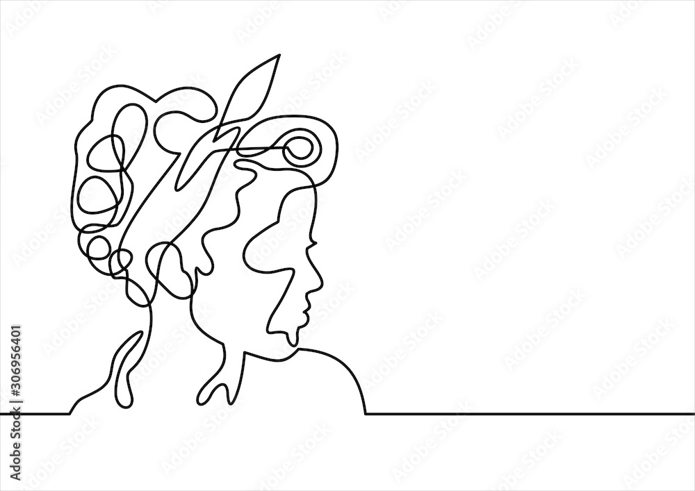 Background with a portrait of the beautiful young girl-continuous line ...