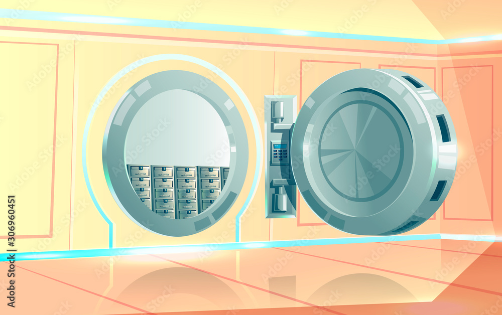 Bank vault room, round metal open safe door with electronic combination ...