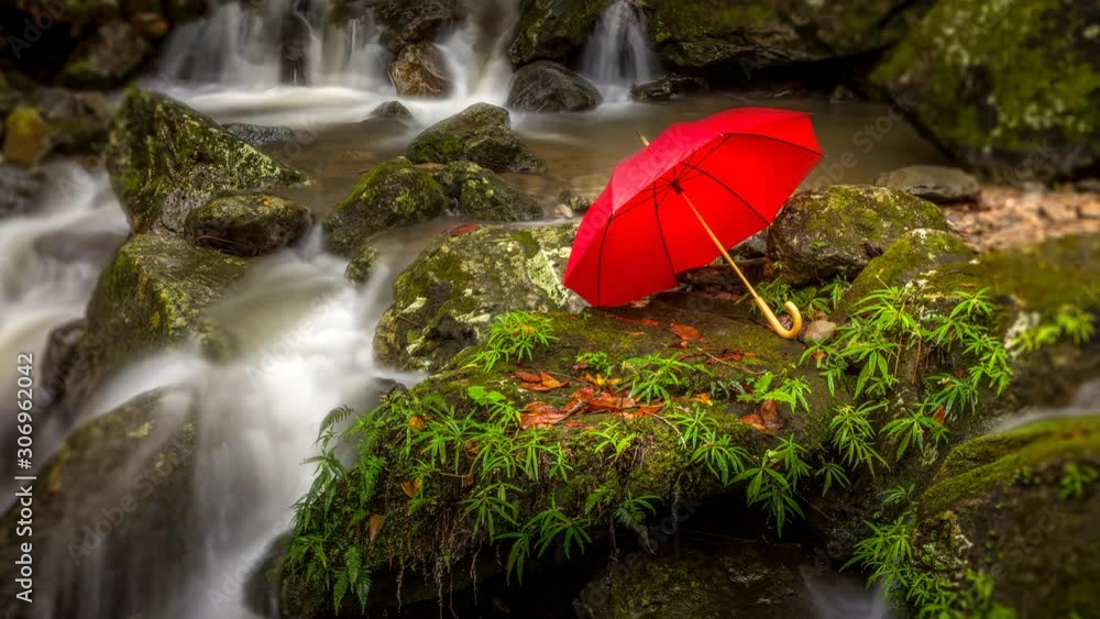 Looping cinemagraph of a red umbrella sitting next to a scenic ...