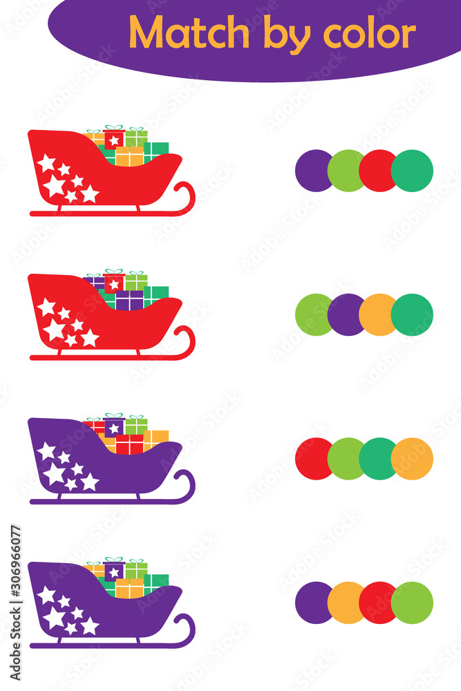 Winter xmas matching game for children, connect sleighs with presents ...