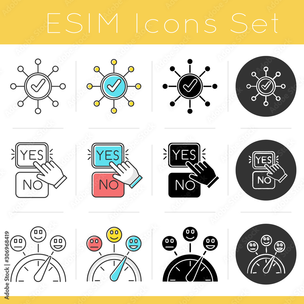 Survey icons set. Correct answer. Yes and no buttons. Hand clicking ...