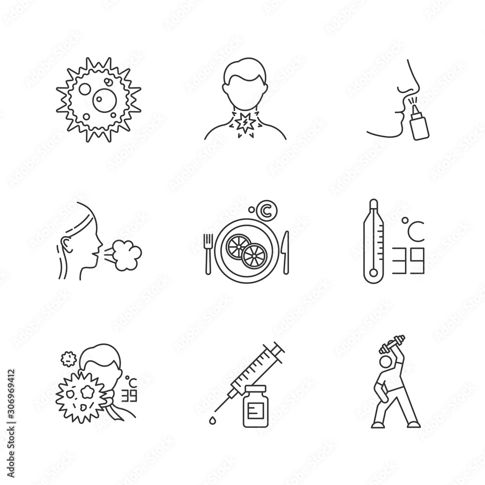Common cold linear icons set. Virus infection. Sore throat. Drip nose ...