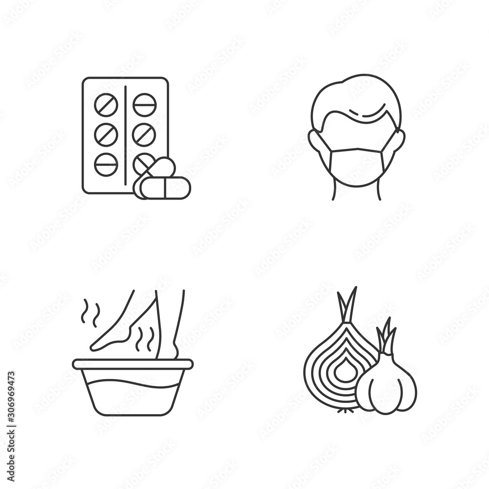 Common cold linear icons set. Pills and medication. Protection mask ...