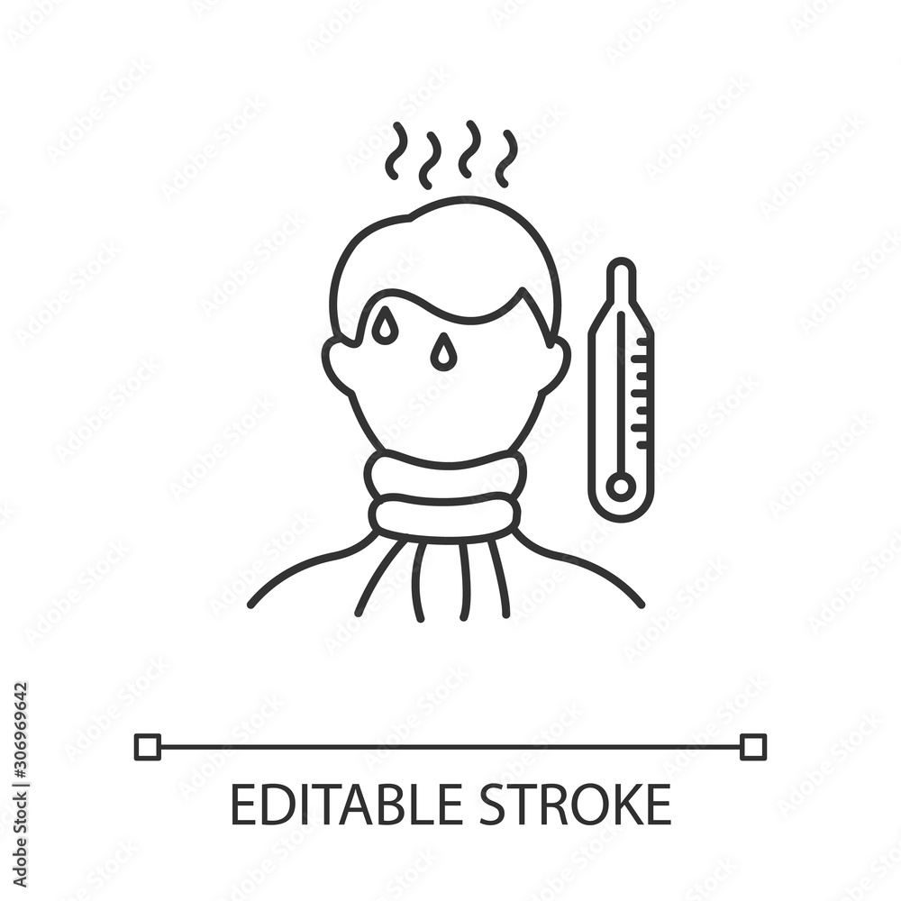 High temperature linear icon. Fever symptom. Disease, illness. Man ...