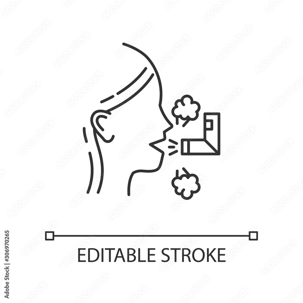 Inhalation linear icon. Respiratory treatment. Asthma help. Sick girl ...
