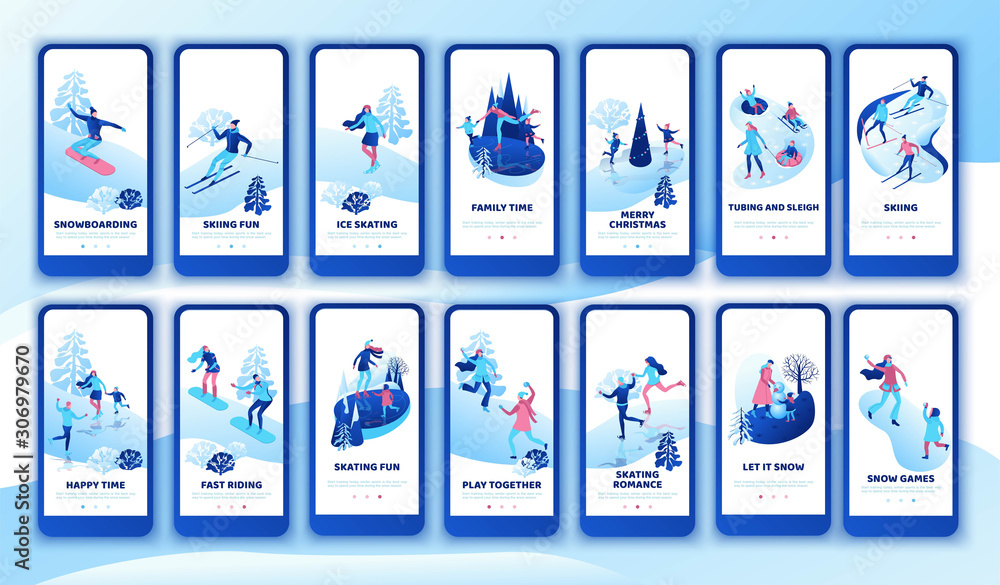 Winter sports mobile app template big set, ski, snowboard,together ...
