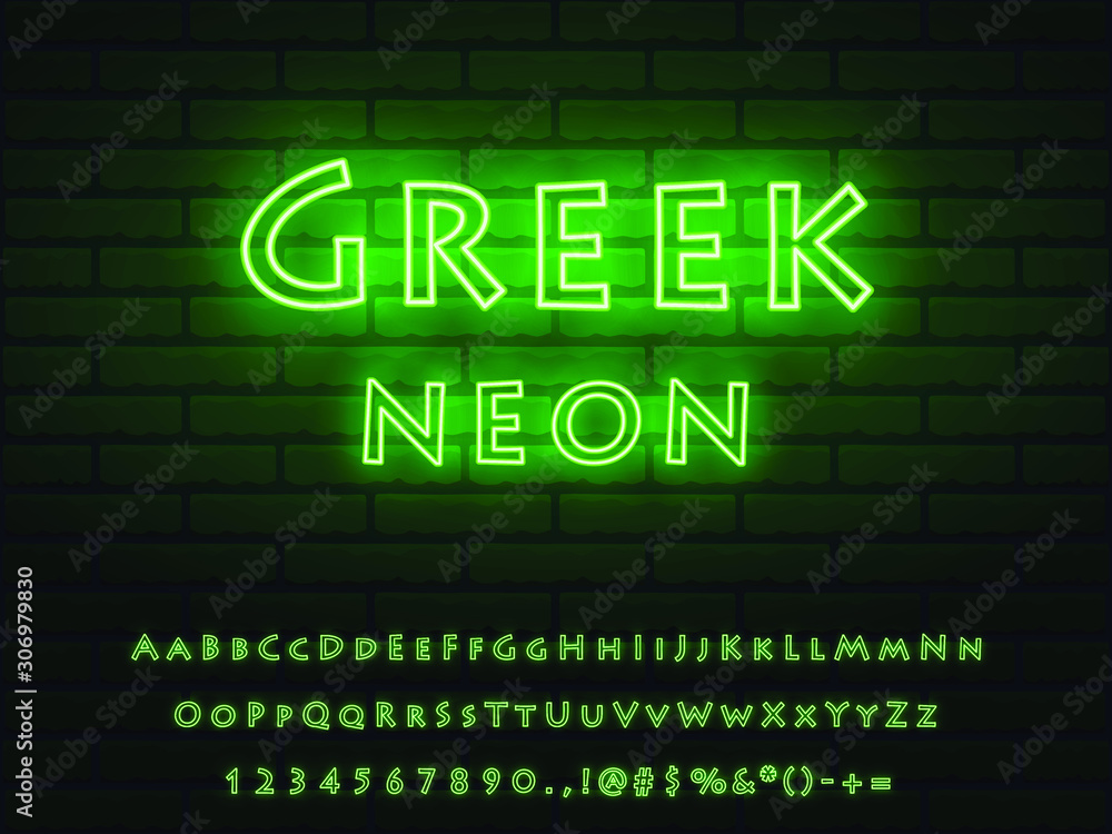 bold green neon font greek style. letters, numerals, signs, symbols and ...