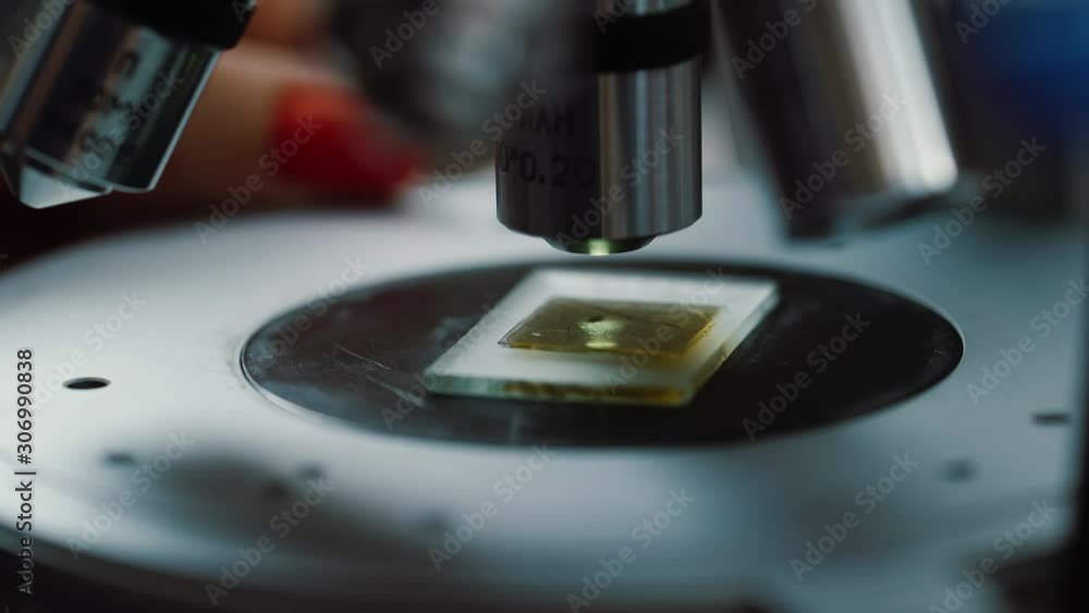Geological rock sample on the slide glass under the light microscope ...
