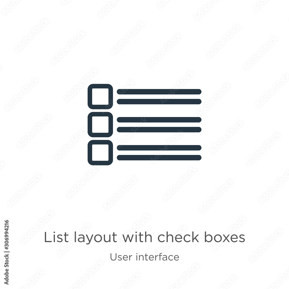 Vecteur Stock List layout with check boxes icon. Thin linear list layout with check boxes ...