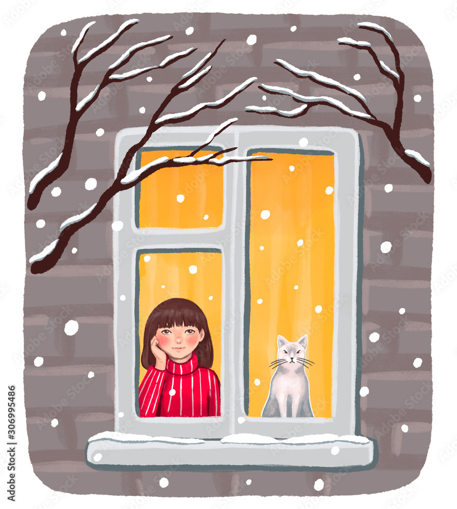 Colorful hand drawn illustration. Cozy winter card. Girl with a cat ...