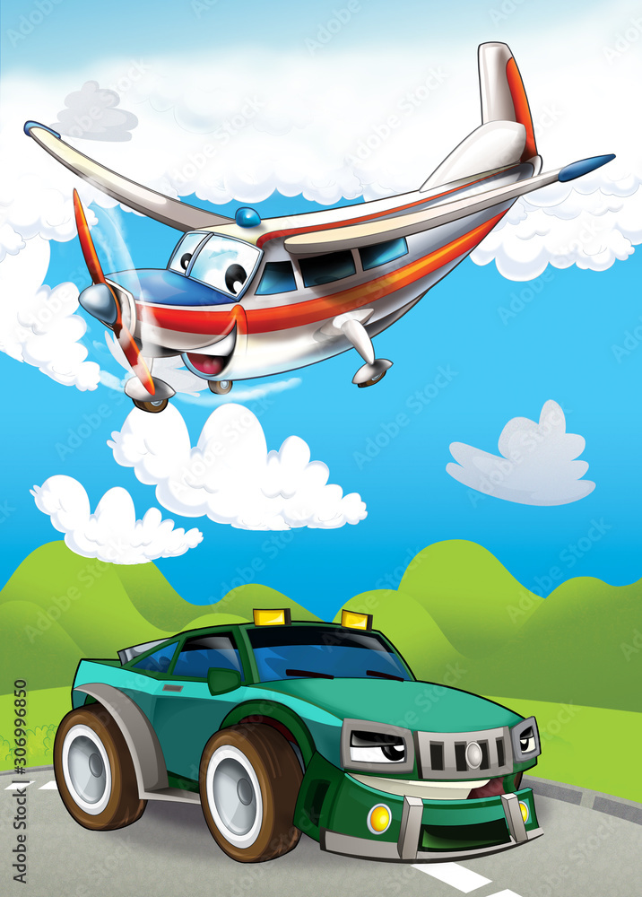 cartoon scene with happy and funny sports car and plane illustration ...