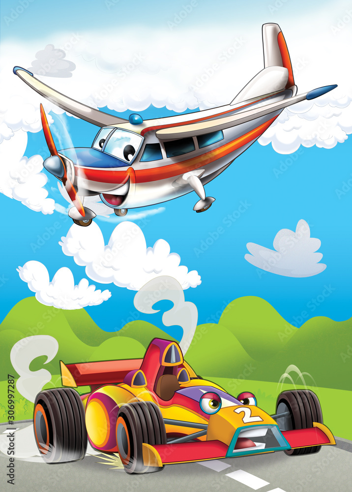 cartoon scene with happy and funny sports car and plane illustration ...