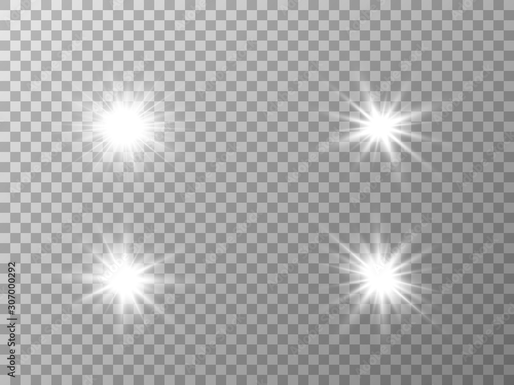White glowing stars set. Bright explosions and flares. White flash ...
