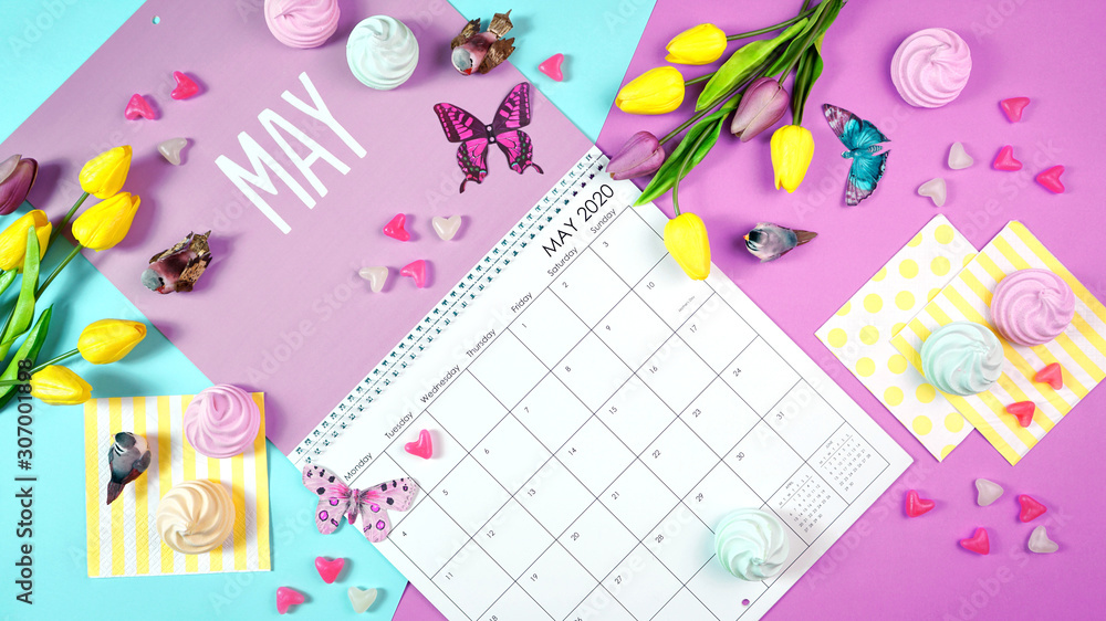 On-trend 2020 calendar page for the month of May modern flat lay with ...