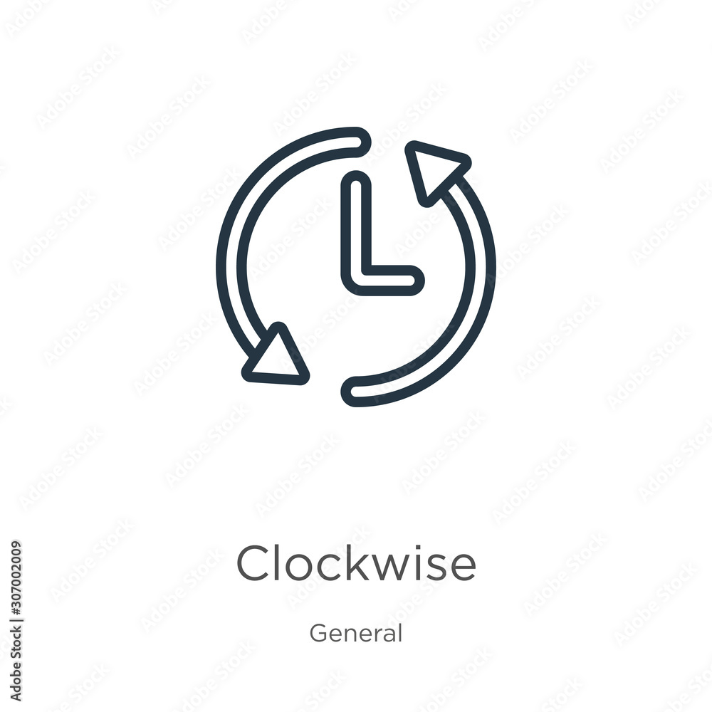 Clockwise icon. Thin linear clockwise outline icon isolated on white ...