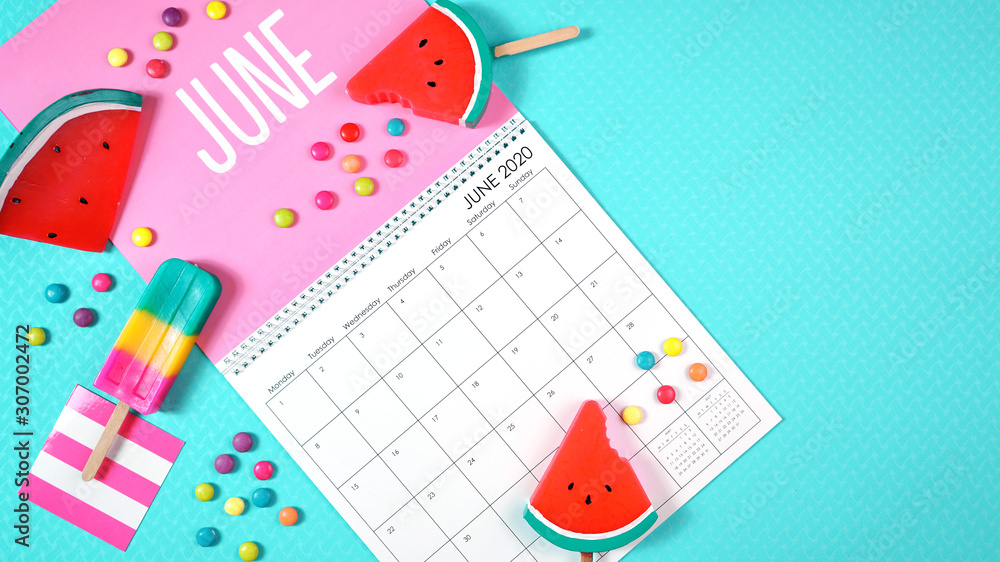 On-trend 2020 calendar page for the month of June modern flat lay with ...