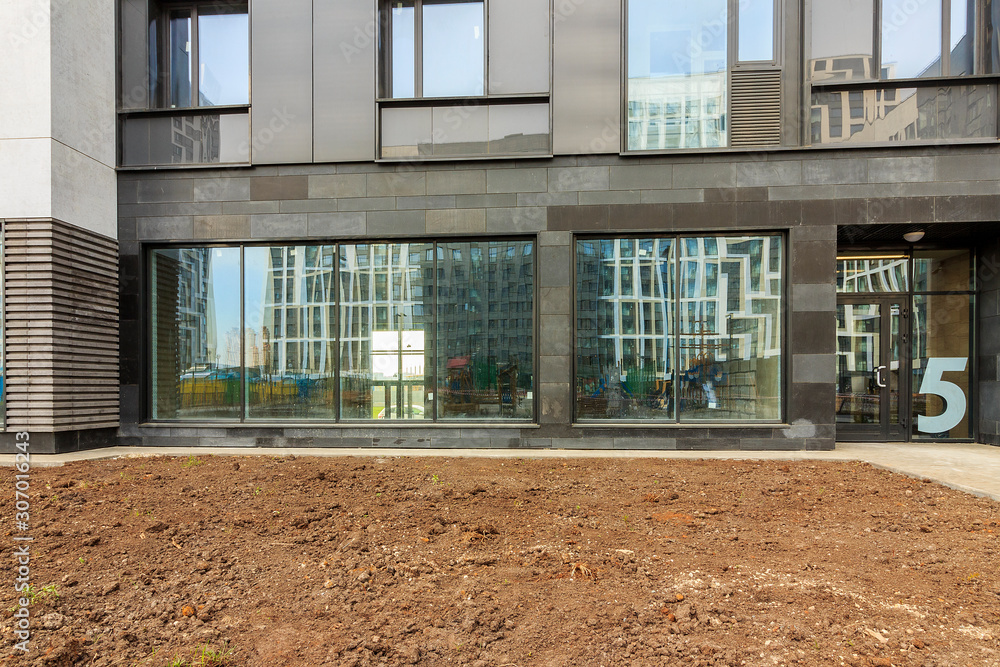 Panoramic window of modern residential building view outside ...