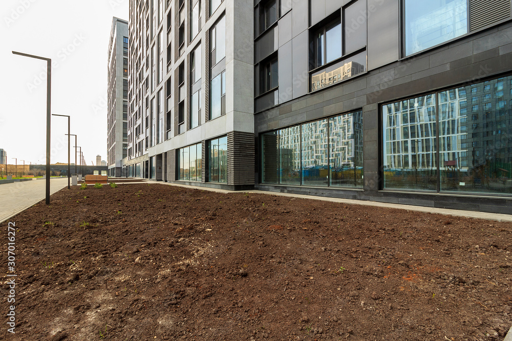 Panoramic window of modern residential building view outside ...
