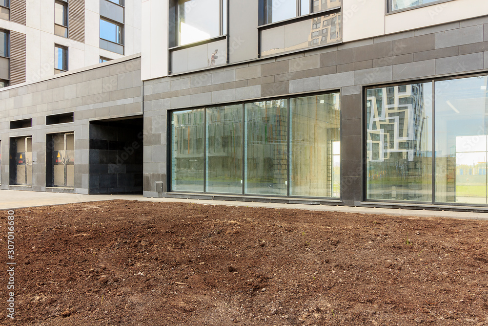 Panoramic window of modern residential building view outside ...