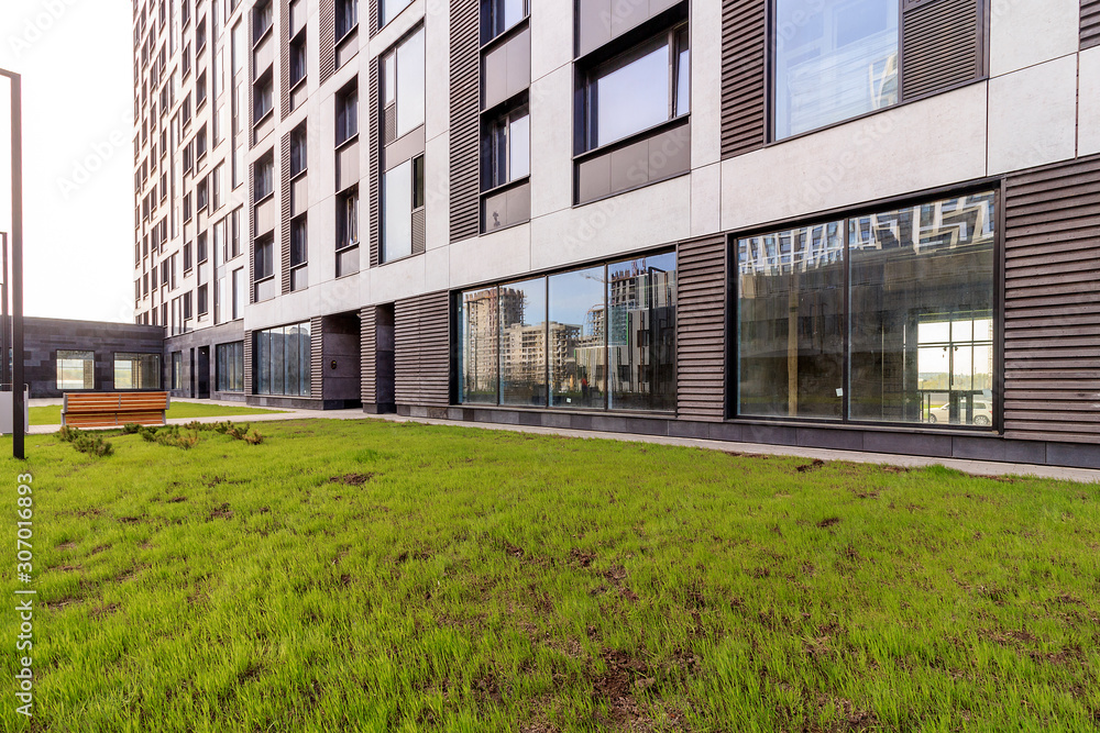 Panoramic window of modern residential building view outside ...