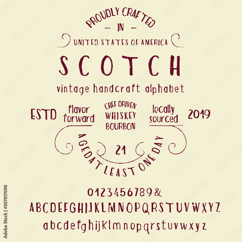 Vintage decorative font "whiskey" with sample design. Good handcrafted ...